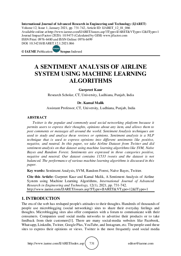 Pdf A Sentiment Analysis Of Airline System Using Machine Learning Algorithms Iaeme