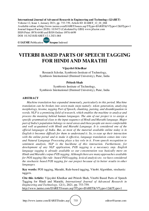 (PDF) VITERBI BASED PARTS OF SPEECH TAGGING FOR HINDI AND MARATHI