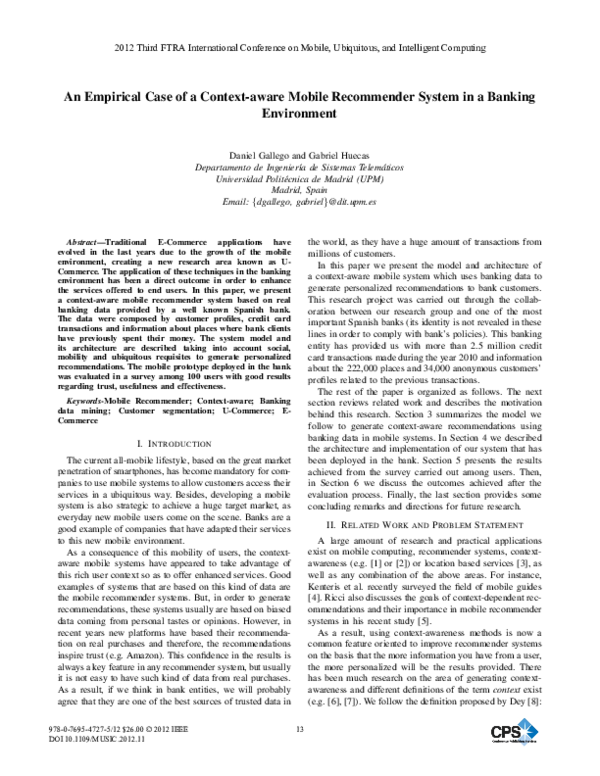 Pdf An Empirical Case Of A Context Aware Mobile Recommender System In A Banking Environment