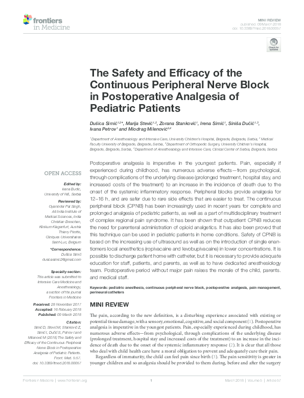 (PDF) The Safety and Efficacy of the Continuous Peripheral Nerve Block ...