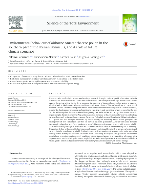 (PDF) Environmental behaviour of airborne Amaranthaceae pollen in the ...