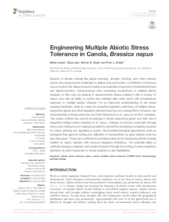 (PDF) Engineering Multiple Abiotic Stress Tolerance in Canola, Brassica napus