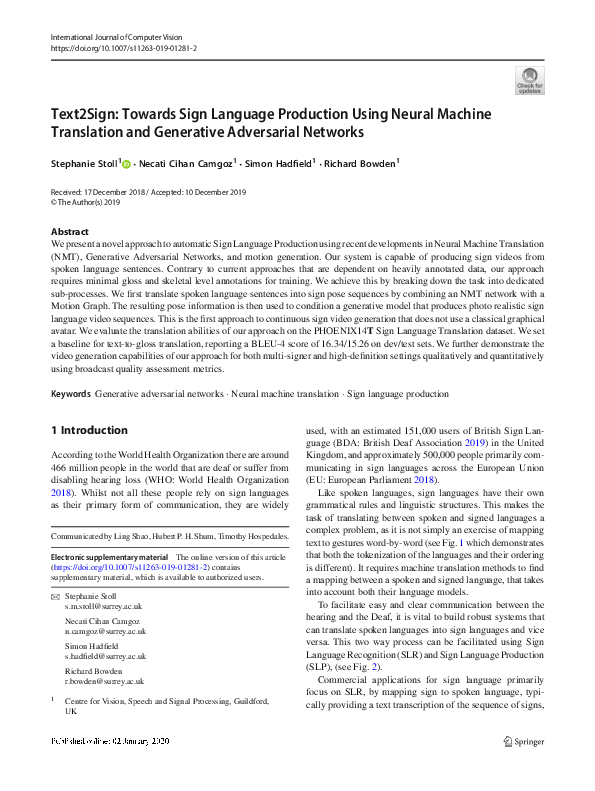 (PDF) Text2Sign: Towards Sign Language Production Using Neural Machine ...