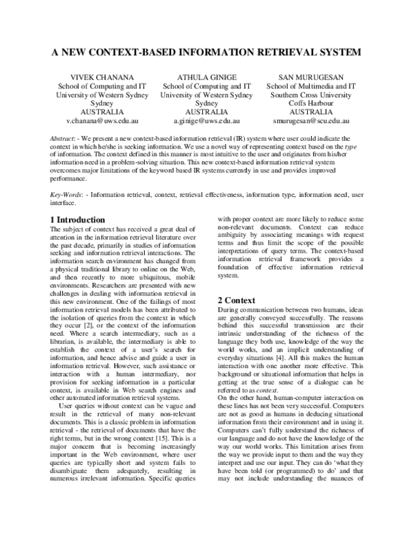 Pdf A New Context Based Information Retrieval System