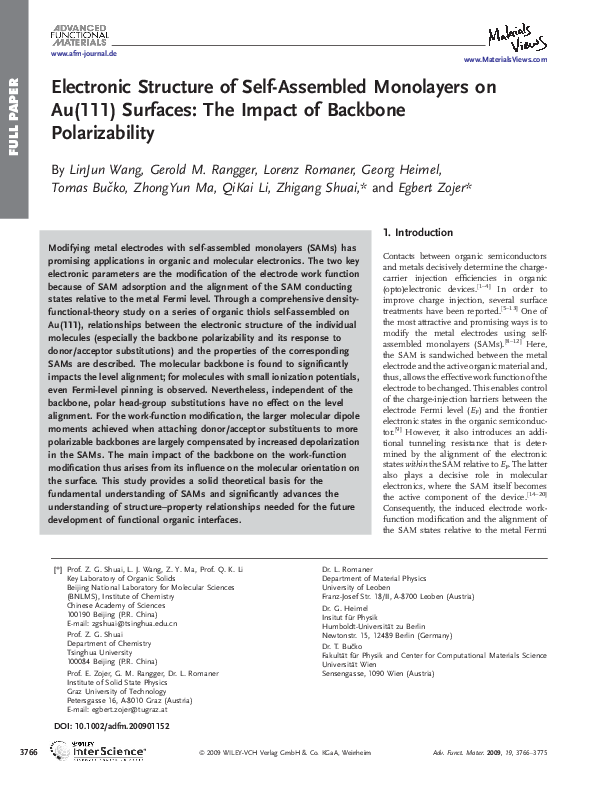 (PDF) Electronic Structure of Self-Assembled Monolayers on Au(111) Surfaces: The Impact of ...