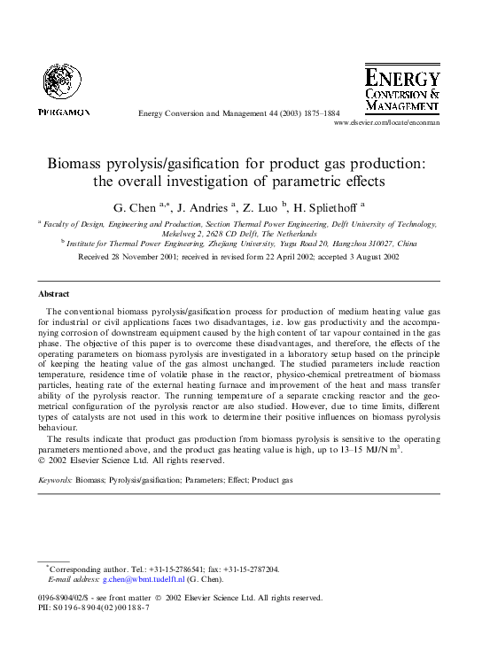 (PDF) Biomass pyrolysis/gasification for product gas production: the ...
