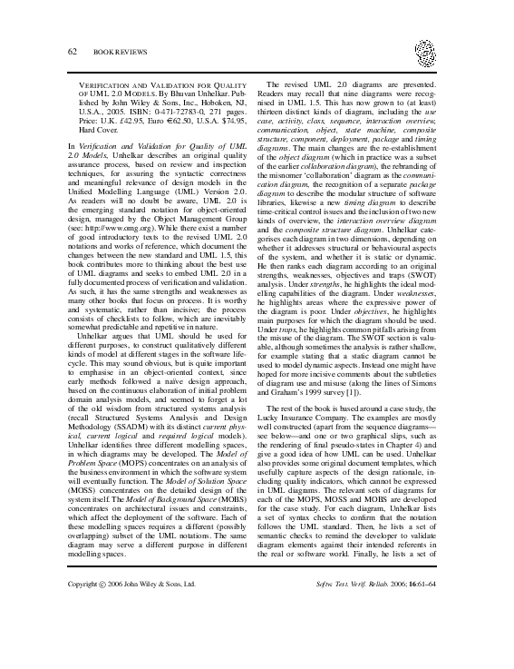 Pdf Verification And Validation For Quality Of Uml 2 0 Models By Bhuvan Unhelkar Published