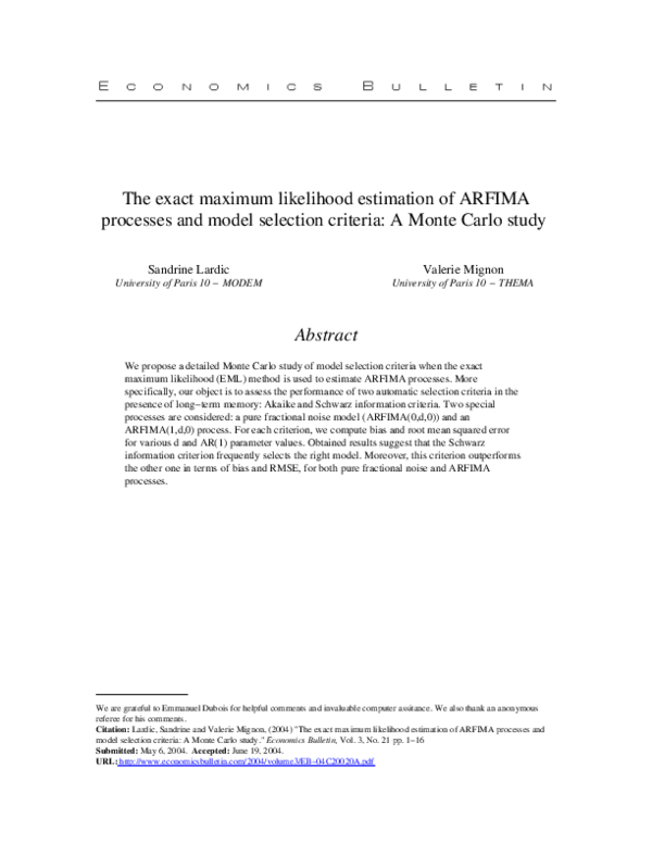 (PDF) The exact maximum likelihood estimation of ARFIMA processes and model selection criteria ...