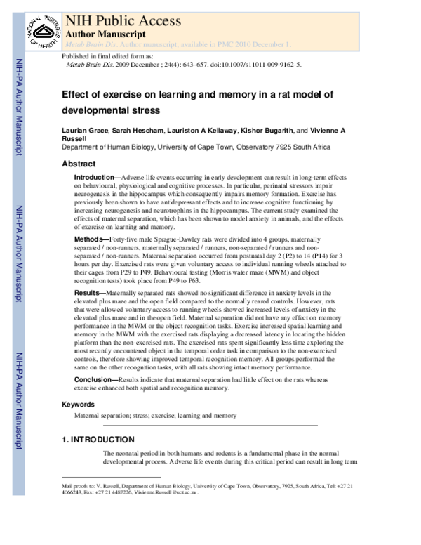 (PDF) Effect of exercise on learning and memory in a rat model of ...