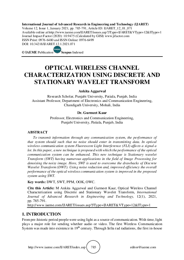 (PDF) OPTICAL WIRELESS CHANNEL CHARACTERIZATION USING DISCRETE AND STATIONARY WAVELET TRANSFORM