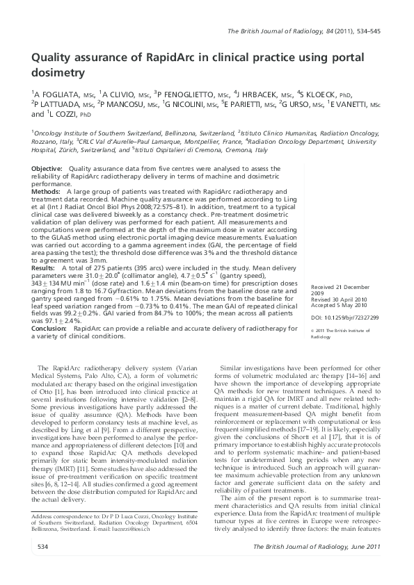 Pdf Quality Assurance Of Rapidarc In Clinical Practice Using Portal Dosimetry