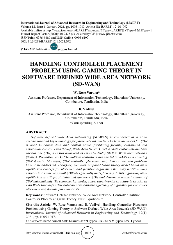 Pdf Handling Controller Placement Problem Using Gaming Theory In Software Defined Wide Area 