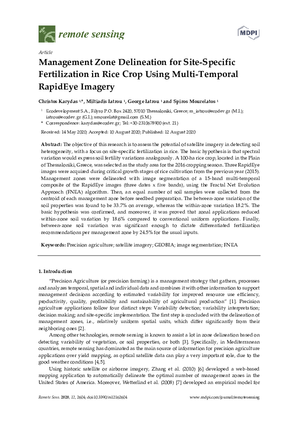(PDF) Management Zone Delineation for Site-Specific Fertilization in Rice Crop Using Multi ...