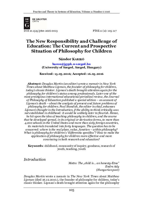 (PDF) Philosophy for Children: Current Status and Future