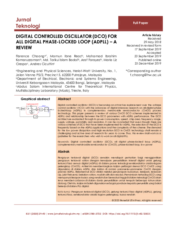 (PDF) Digital Controlled Oscillator (Dco) for All Digital Phase-Locked Loop (Adpll) – a Review ...