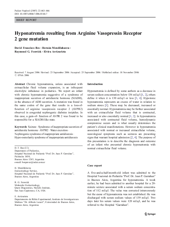 (PDF) Hyponatremia resulting from Arginine Vasopressin Receptor 2 gene ...