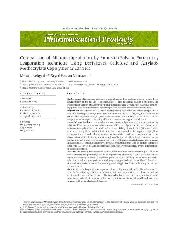 (PDF) Comparison of Microencapsulation by Emulsion-Solvent Extraction/ Evaporation Technique ...