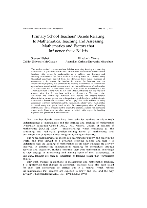 (PDF) Primary school teachers' beliefs relating to mathematics ...