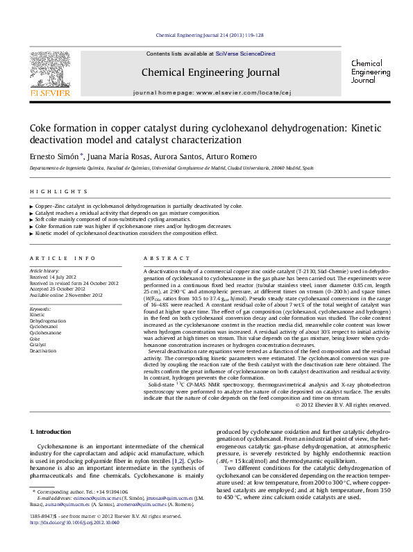 (PDF) Coke formation in copper catalyst during cyclohexanol ...