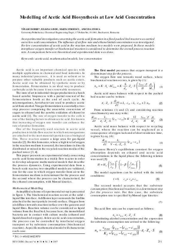 (PDF) Modelling of Acetic Acid Biosynthesis at Low Acid Concentration
