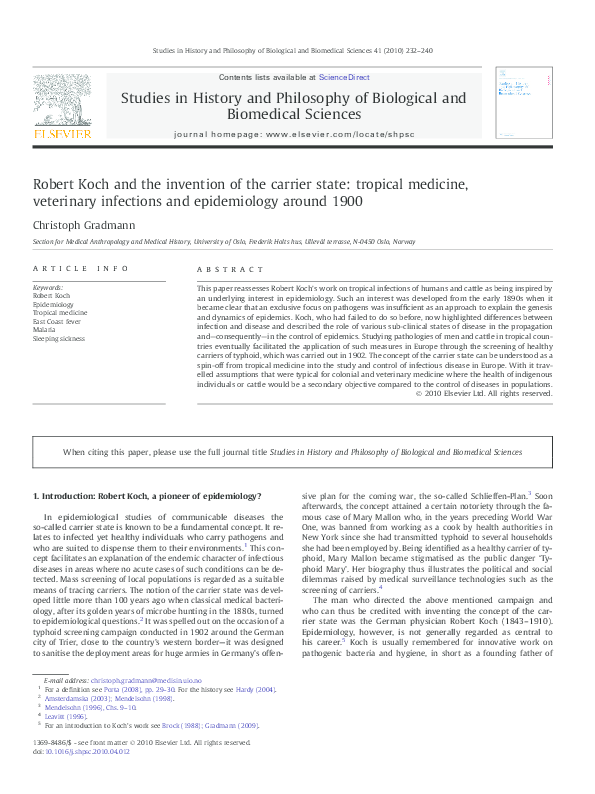 (PDF) Robert Koch and the invention of the carrier state: tropical ...