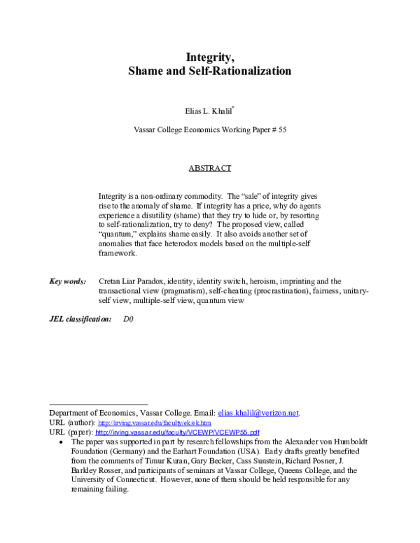 (PDF) Integrity, shame and self-rationalization