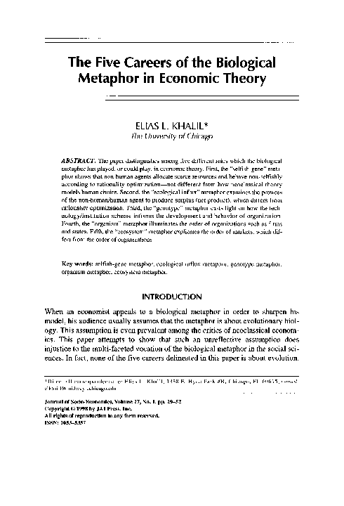 (PDF) The five careers of the biological metaphor in economic theory
