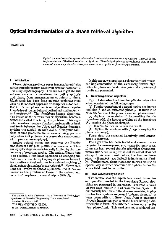 (PDF) Optical implementation of a phase retrieval algorithm