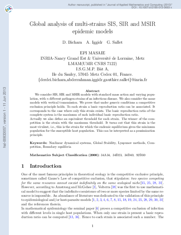 (PDF) Global analysis of multi-strains SIS, SIR and MSIR epidemic models