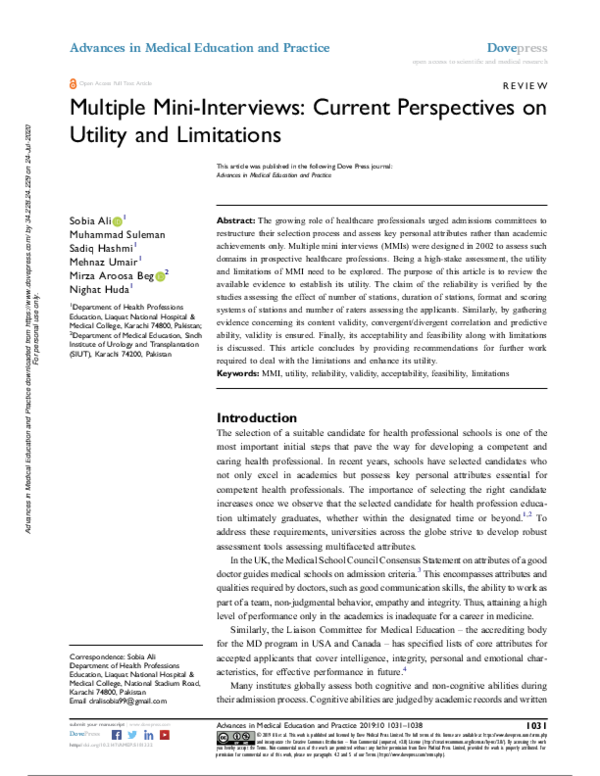 (PDF) Multiple Mini-Interviews: Current Perspectives on Utility and ...