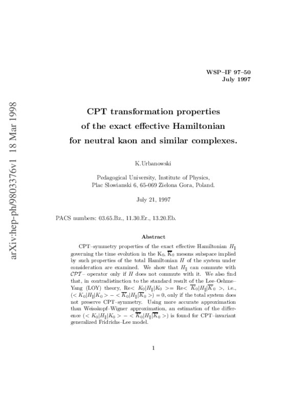 (PDF) CPT transformation properties of the exact effective Hamiltonian ...
