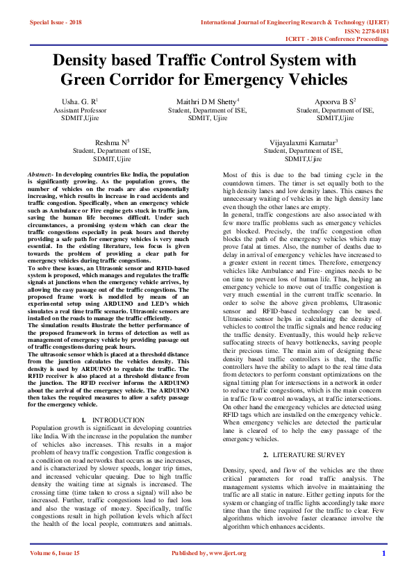 Pdf Ijert Density Based Traffic Control System With Green Corridor For Emergency Vehicles