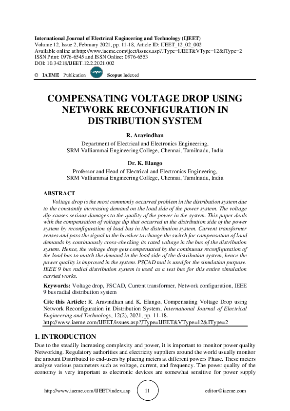 (PDF) COMPENSATING VOLTAGE DROP USING NETWORK RECONFIGURATION IN DISTRIBUTION SYSTEM