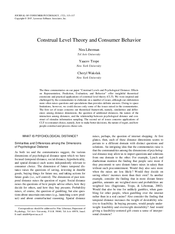 (PDF) Construal Level Theory and Consumer Behavior