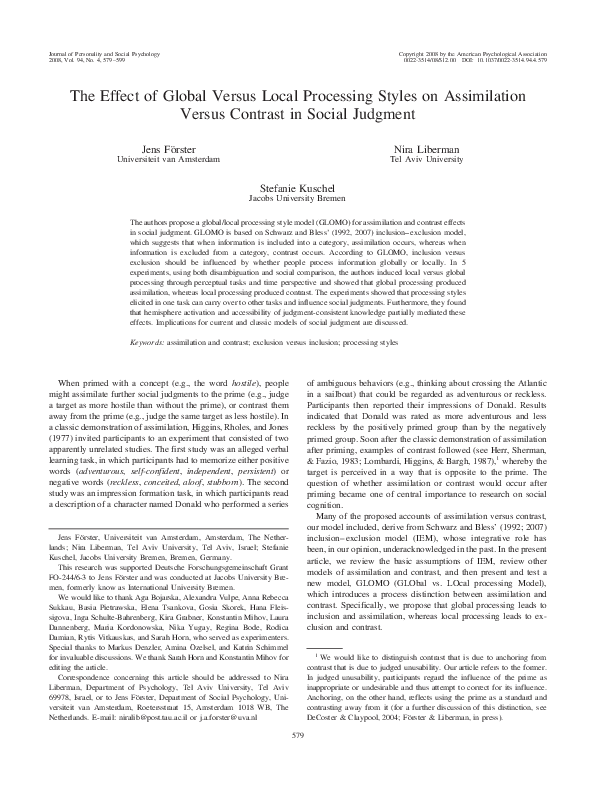 (PDF) The effect of global versus local processing styles on ...