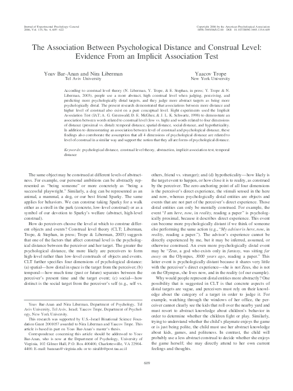 (PDF) The association between psychological distance and construal level: evidence from an ...