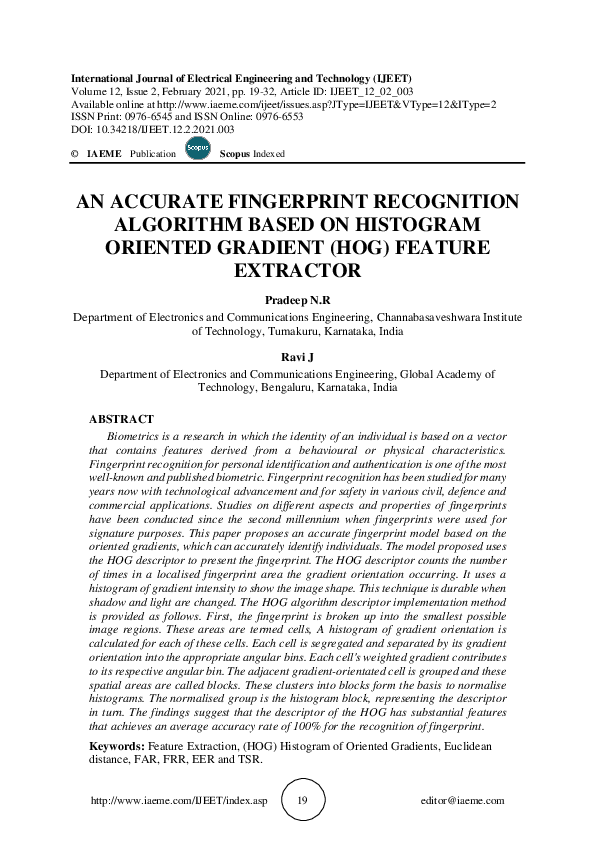 (PDF) AN ACCURATE FINGERPRINT RECOGNITION ALGORITHM BASED ON HISTOGRAM ORIENTED GRADIENT (HOG ...