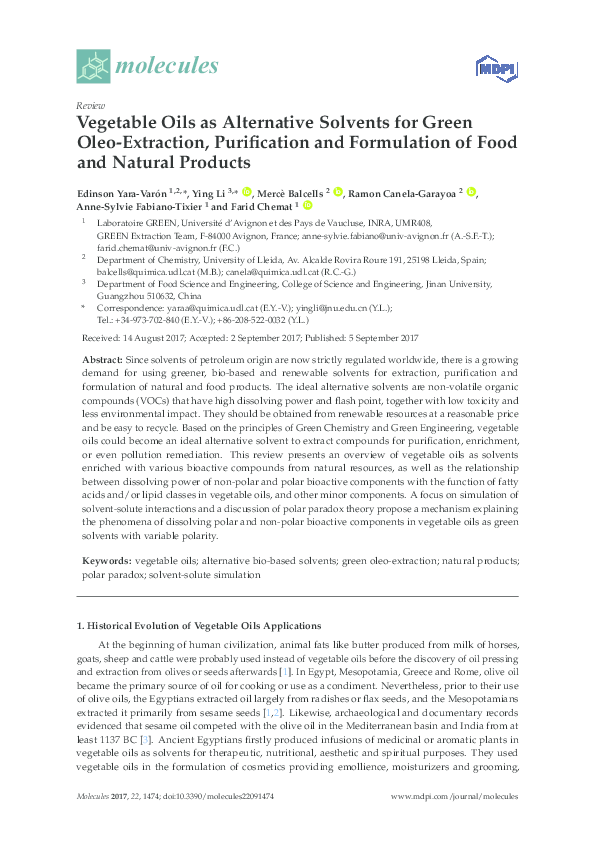 (PDF) Vegetable Oils as Alternative Solvents for Green Oleo-Extraction ...