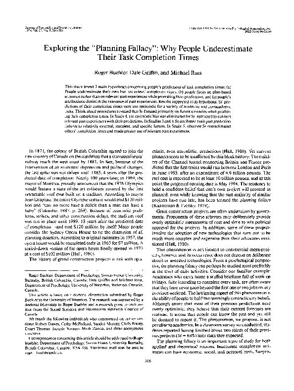 (PDF) Exploring the "planning fallacy": Why people underestimate their ...