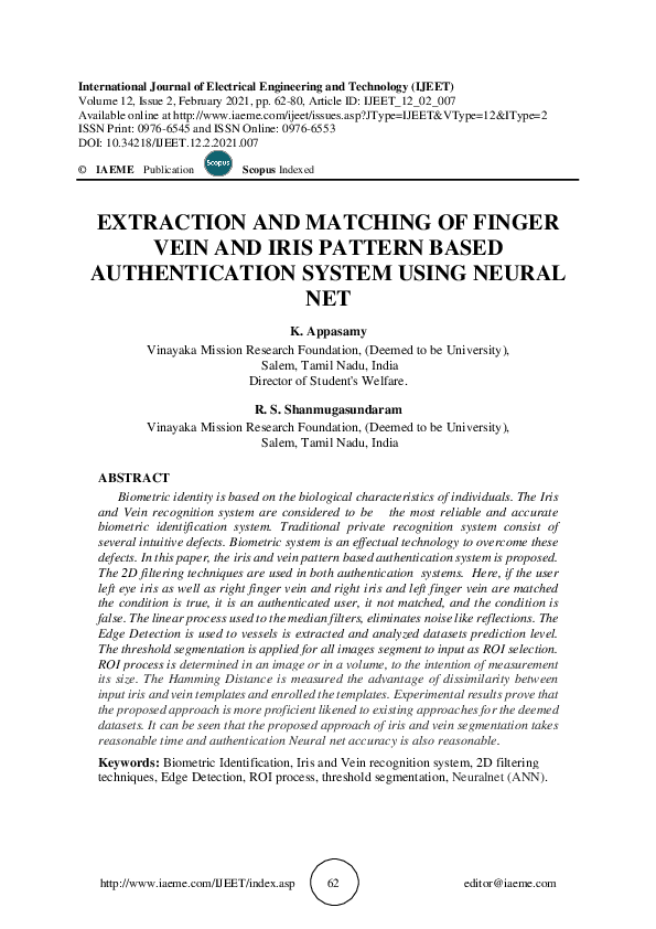 (PDF) EXTRACTION AND MATCHING OF FINGER VEIN AND IRIS PATTERN BASED AUTHENTICATION SYSTEM USING ...