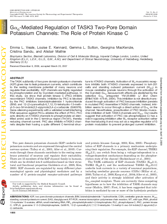 (PDF) G(alpha)q-mediated regulation of TASK3 two-pore domain potassium ...