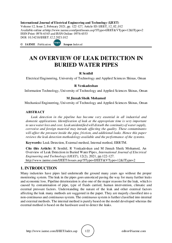 (PDF) AN OVERVIEW OF LEAK DETECTION IN BURIED WATER PIPES