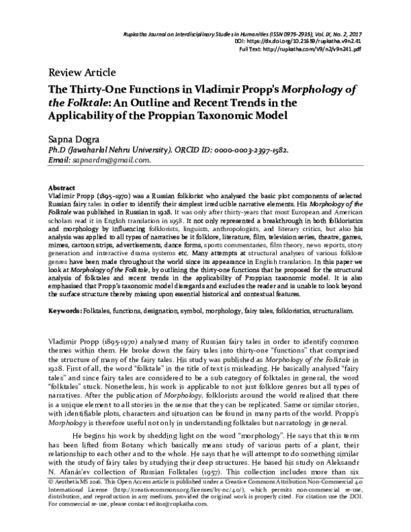 (PDF) The Thirty-One Functions in Vladimir Propp’s Morphology of the ...