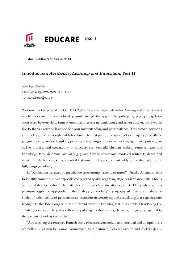(PDF) Introduction: Aesthetics, Learning and Education, Part II