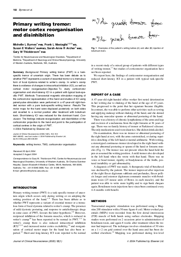 (PDF) Primary writing tremor: motor cortex reorganisation and ...