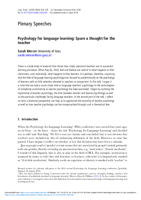 (PDF) Psychology for language learning: Spare a thought for the teacher