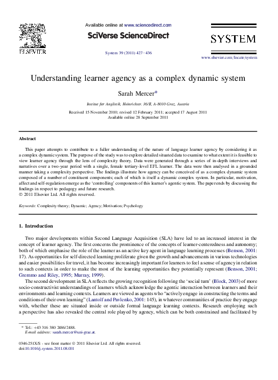 (PDF) Understanding learner agency as a complex dynamic system