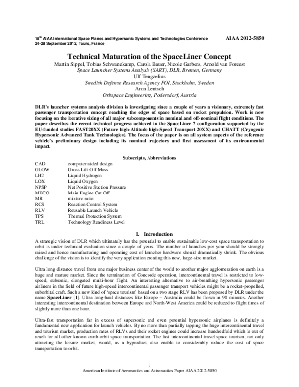 (PDF) Technical Maturation of the SpaceLiner Concept