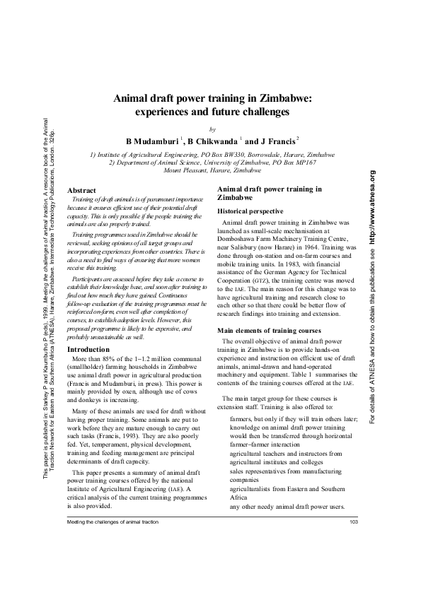 (PDF) Animal draft power training: experiences and future challenges