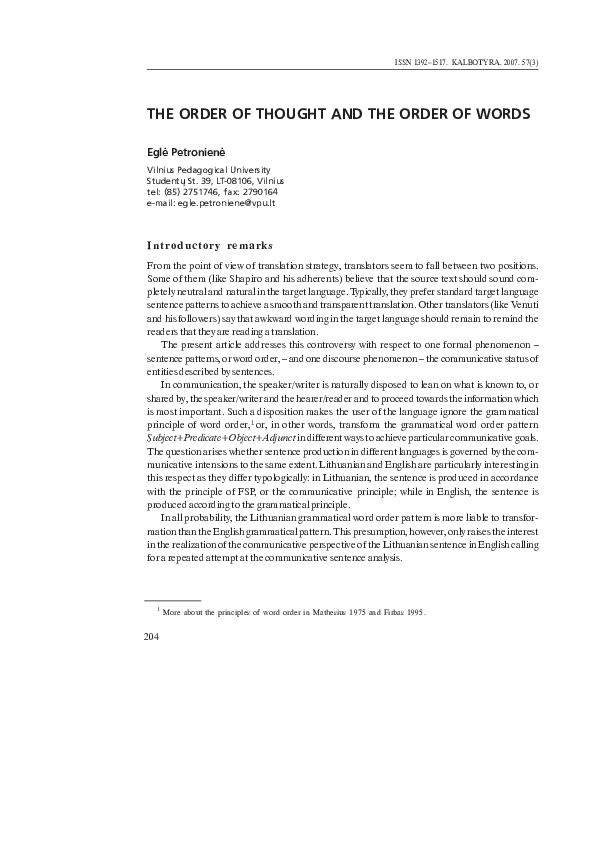 (PDF) The order of thought and the order of words